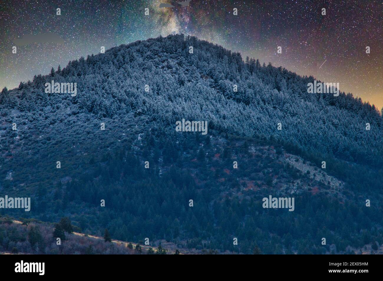 A scenic view of a thick mountain forest under a starry sky background ...