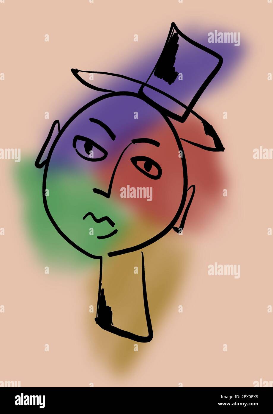 Drawn face of a person on beige background with multicolour spots. High ...