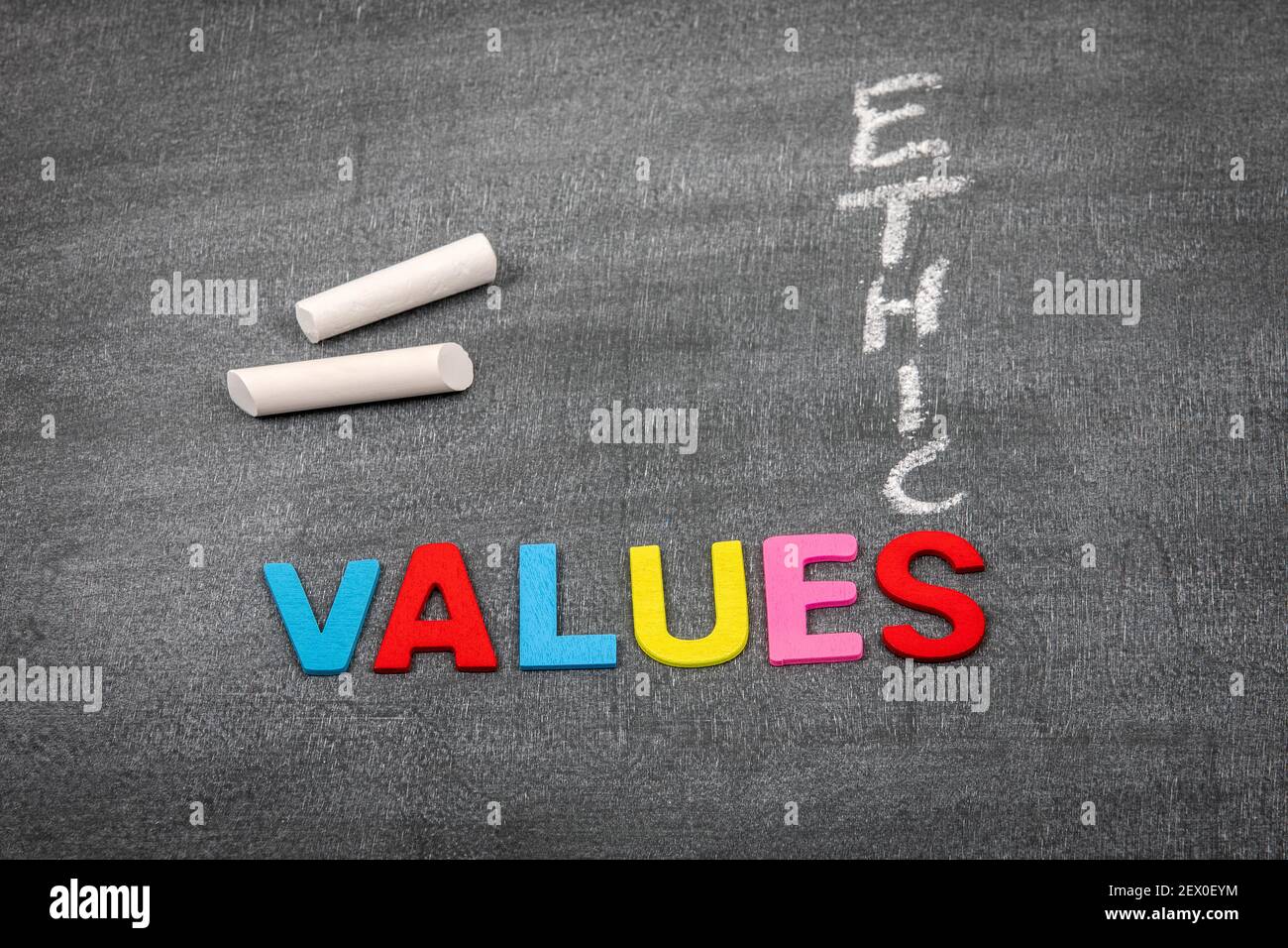 Values and Ethic concept. Colored letters of the alphabet on a dark ...