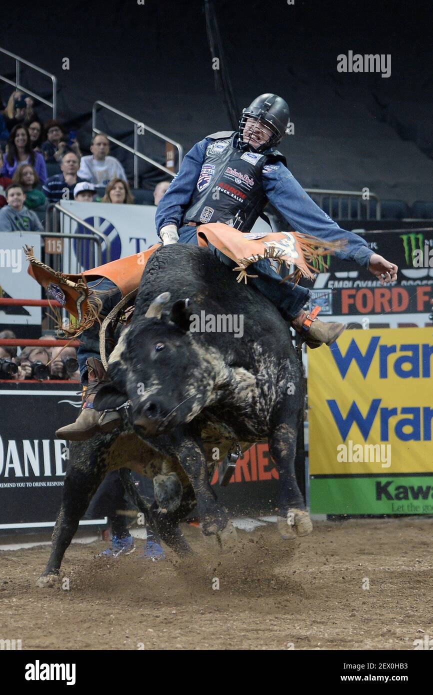 Tanner Byrne rides Blue Man during round two of the Professional Bull ...