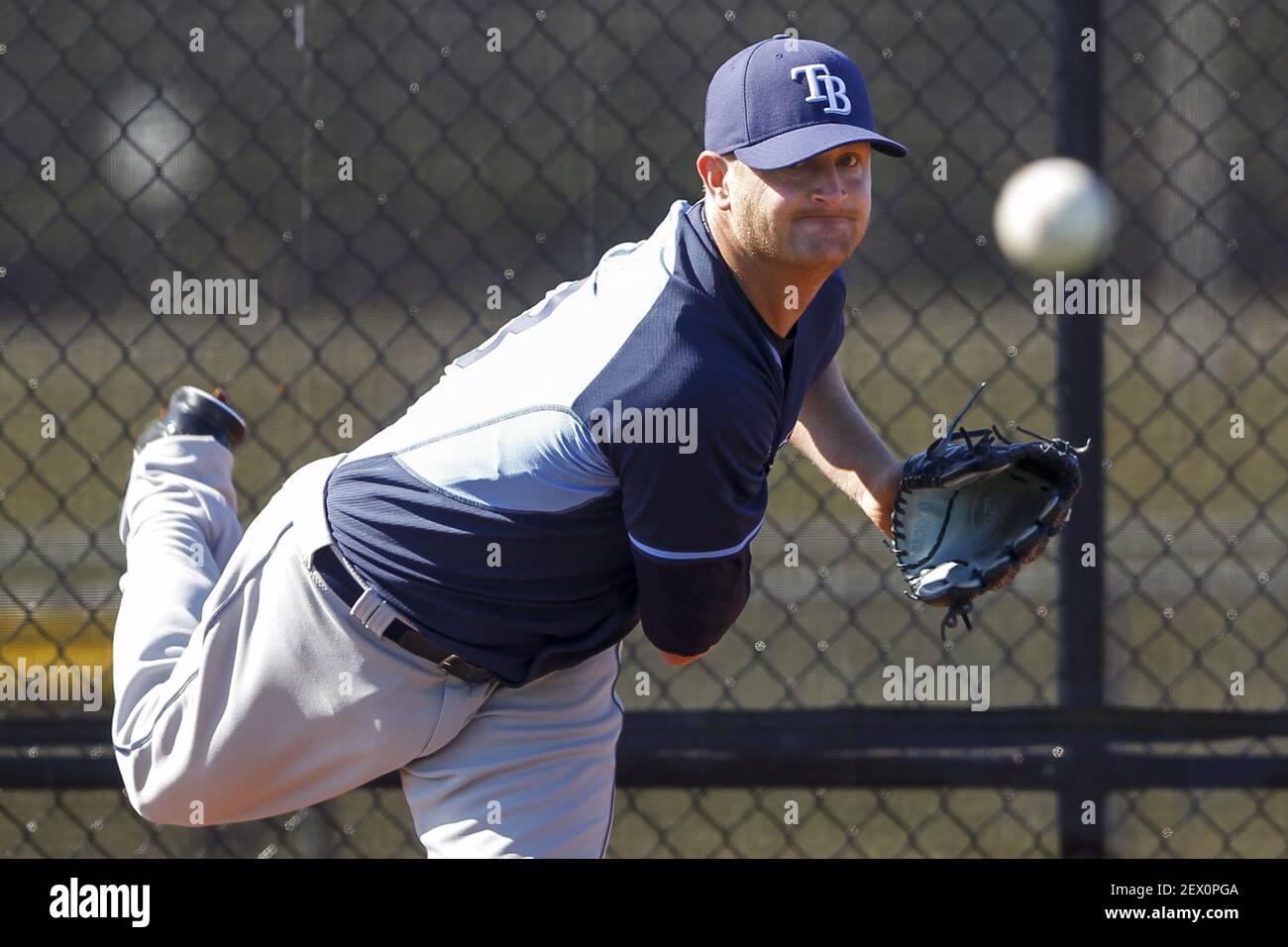 Tampa Bay Rays pitcher Alex Cobb throws in the bullpen during a spring ...