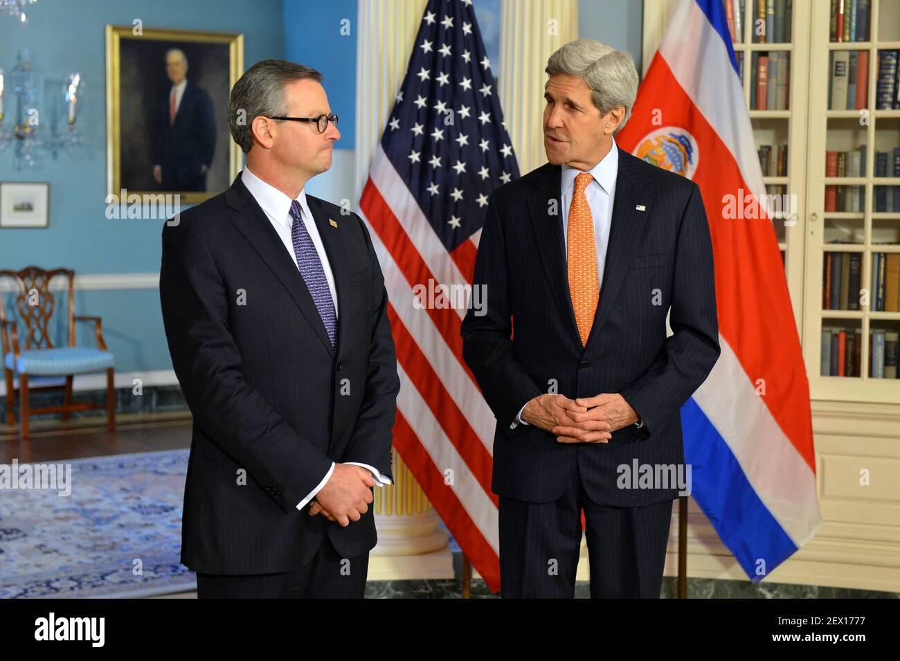 U.S. Secretary of State John Kerry and Costa Rican Foreign Minister Manuel Gonzalez Sanz address ...