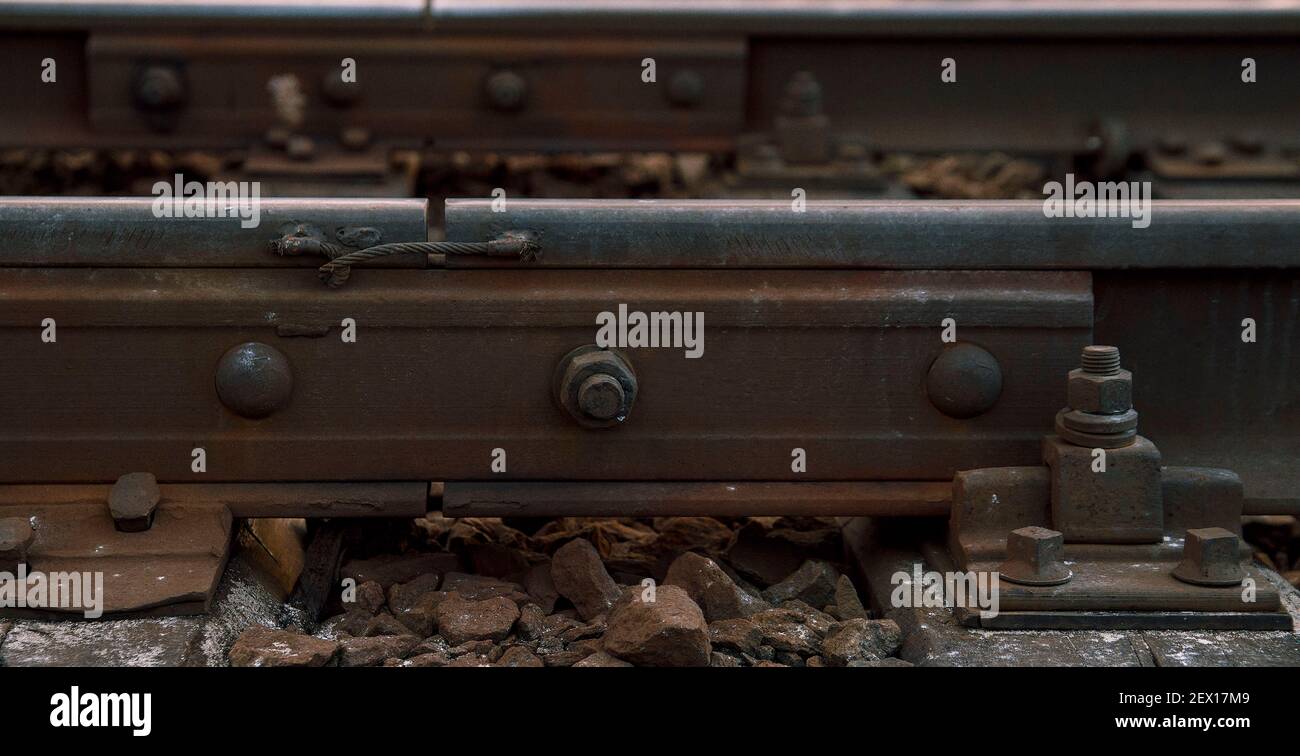 Technological joint of rails on railway track section Stock Photo - Alamy