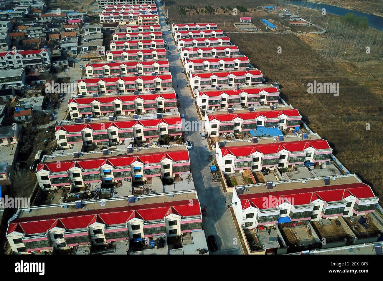 LINYI, CHINA - MARCH 4, 2021 - An aerial view of a rural residential ...