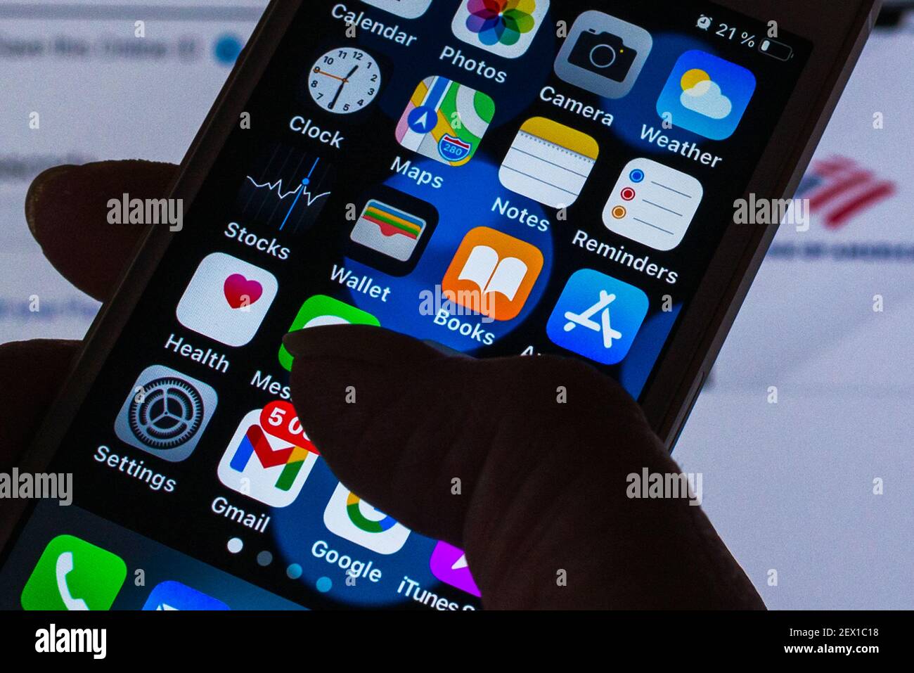 Woman touch add to go to american bank.Online app use on modern mobile ...