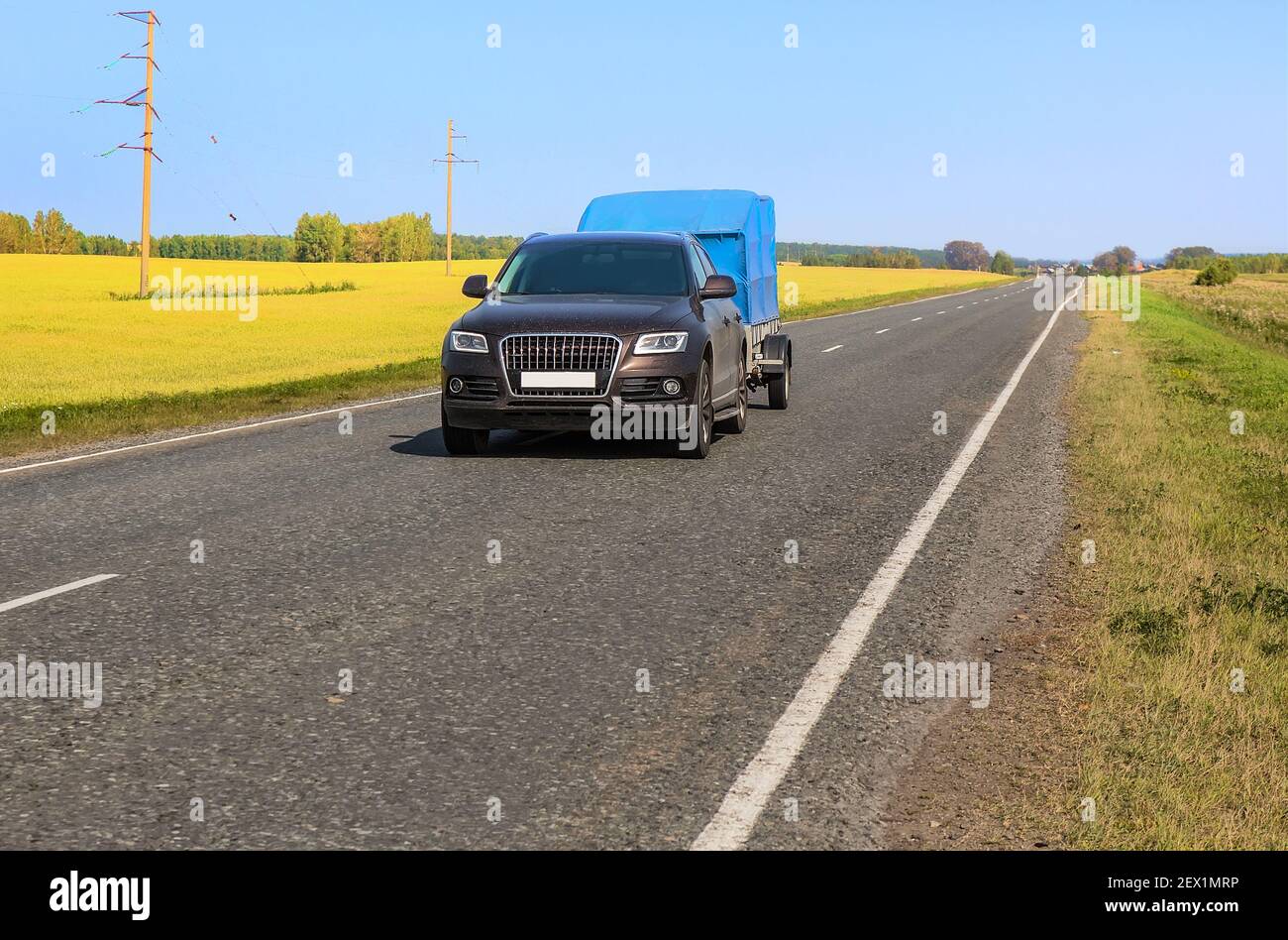 car with trailer rides on country road along the fields in autumn Stock ...