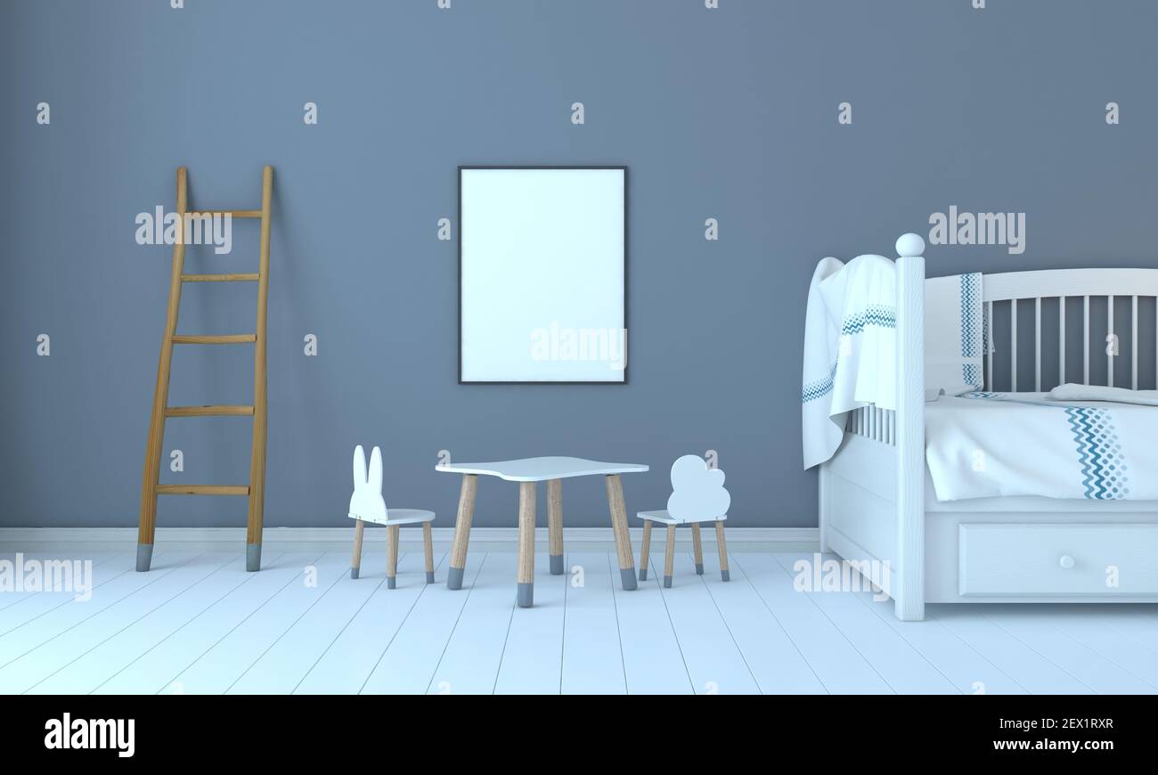 A 3D rendering illustration of a modern minimalist kids bedroom - empty ...