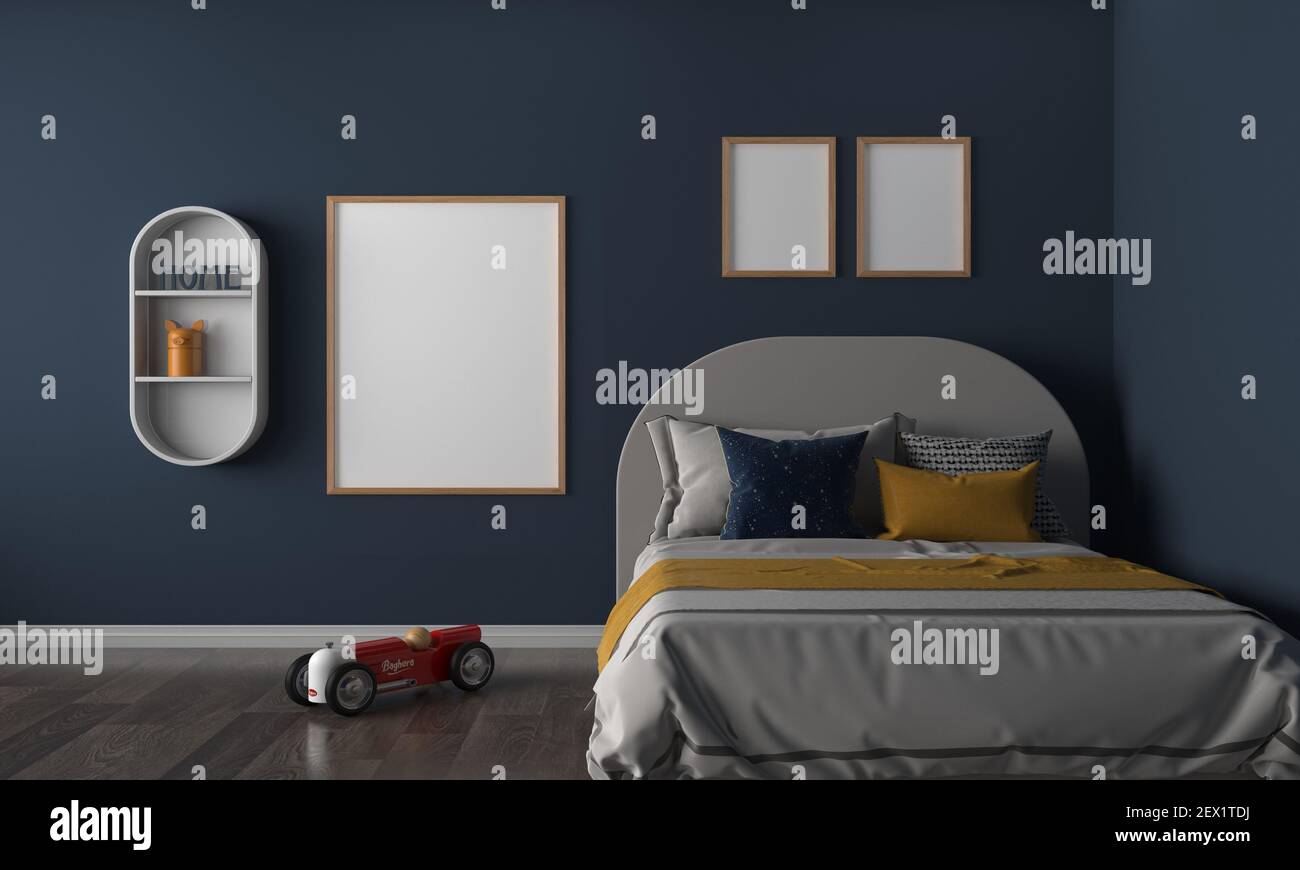 A 3D rendering illustration of a modern minimalist kids bedroom - empty ...