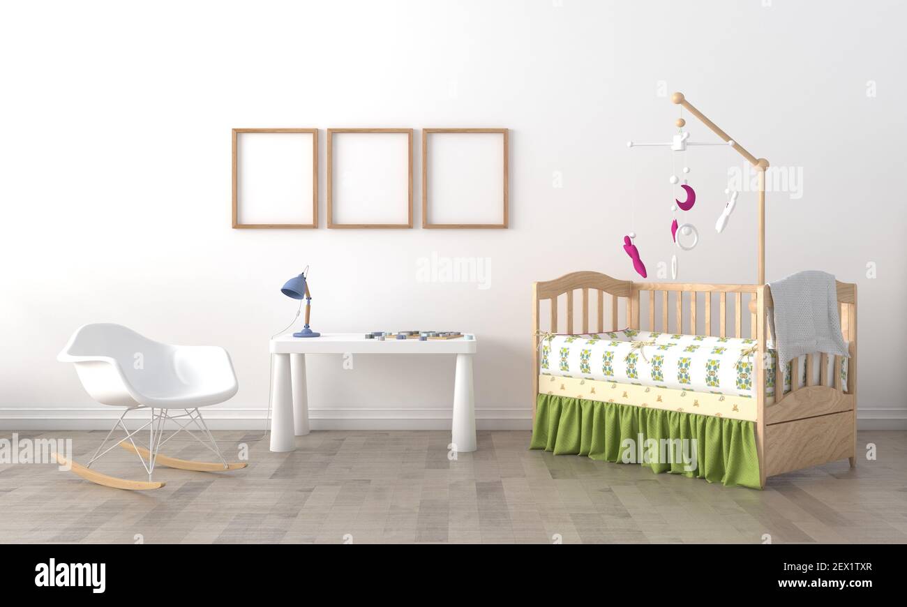 A 3D rendering illustration of a modern minimalist kids bedroom - empty ...