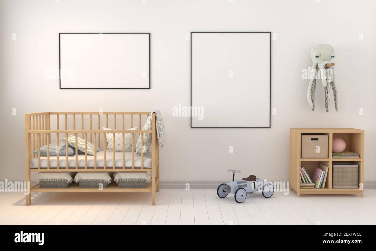 A 3D rendering illustration of a modern minimalist kids bedroom - empty ...