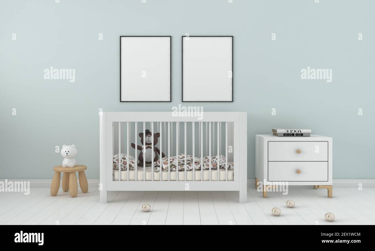 A 3D rendering illustration of a modern minimalist kids bedroom - empty ...