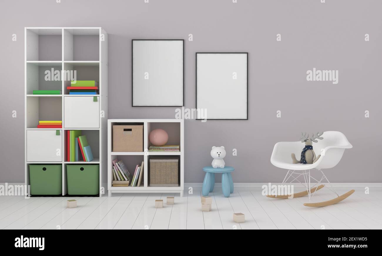 A 3D rendering illustration of a modern minimalist kids room or nursery ...