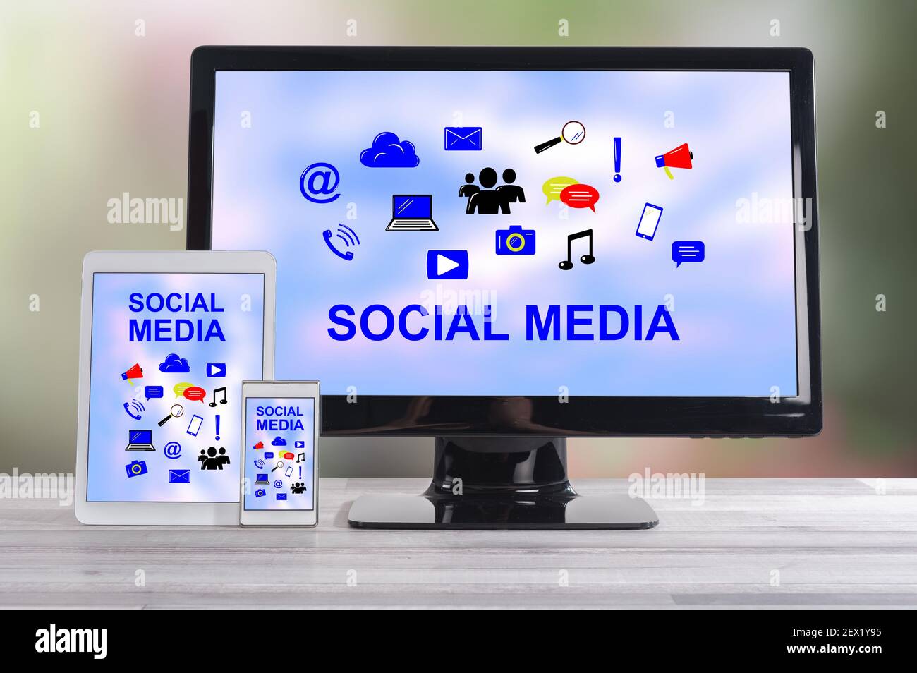 Social media concept shown on different information technology devices ...