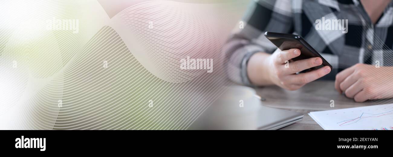 Female hands using a mobile phone; panoramic banner Stock Photo - Alamy