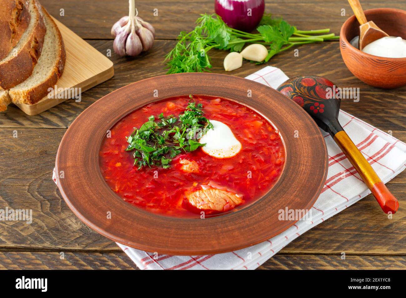 Borsch - traditional Ukrainian and Russian beetroot soup on dark wooden ...