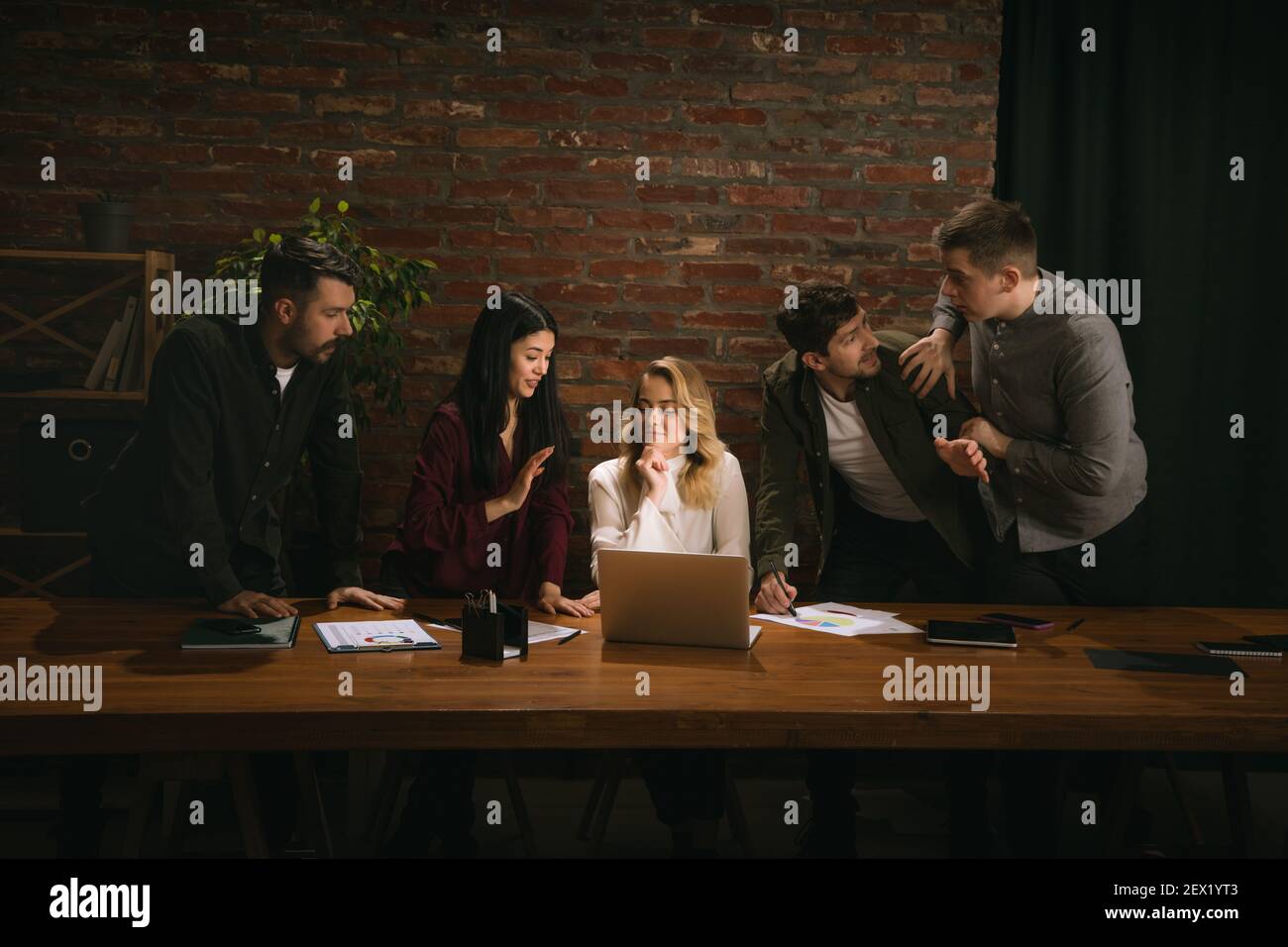 Young people at office meeting in classical painting in renaissance ...