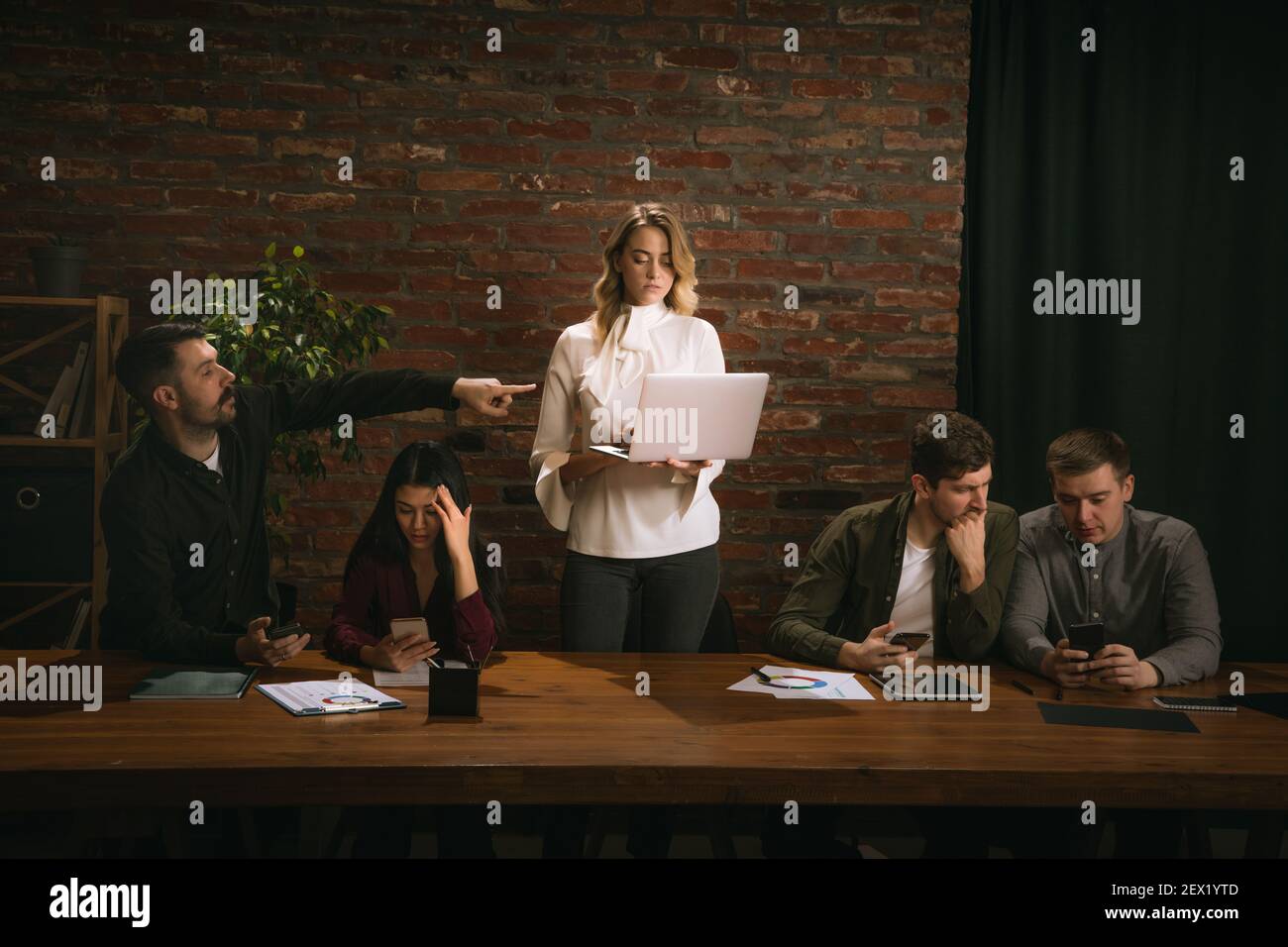 Young people at office meeting in classical painting in renaissance ...