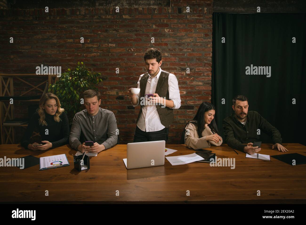 Young people at office meeting in classical painting in renaissance ...