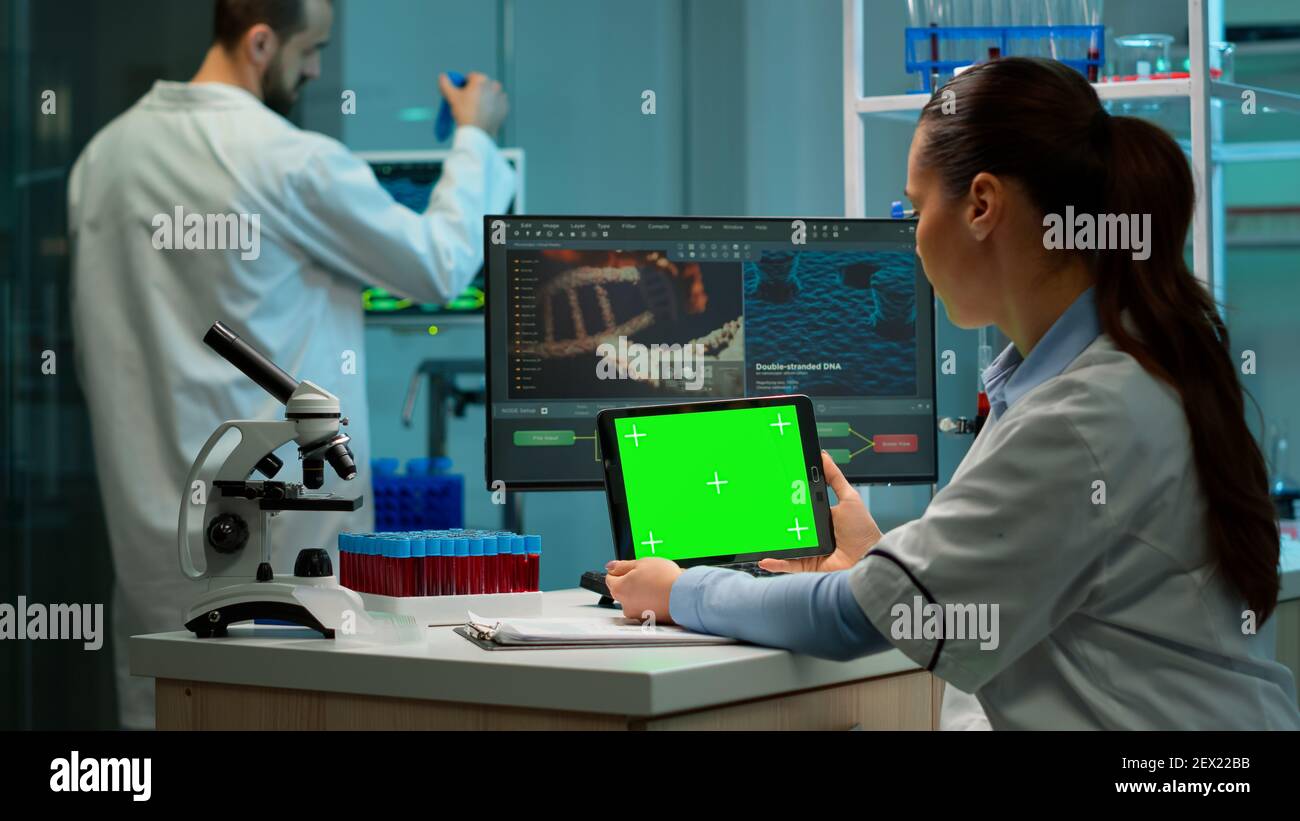 Biochemist sitting at workplace in laboratory using green mock-up screen tablet with chroma key ...