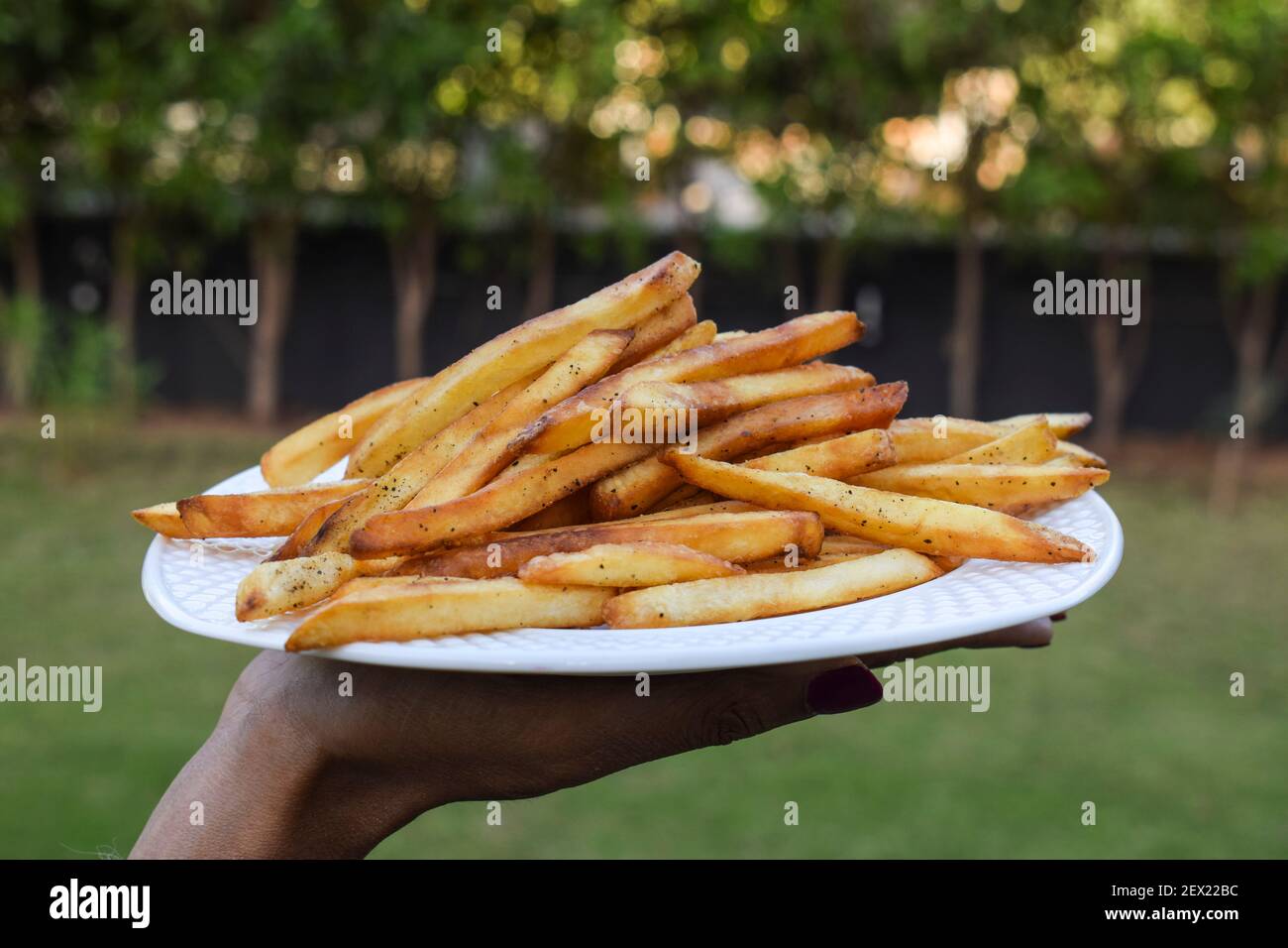 Female holding a plate of Crispy crunchy French fries heap. Potato ...