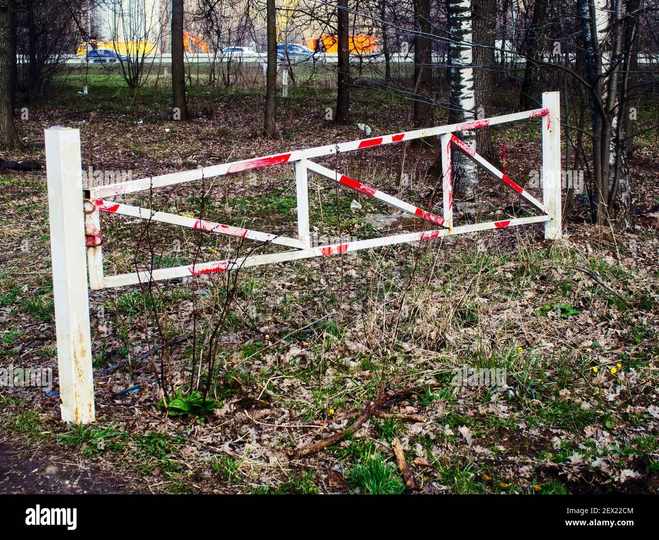 gate at the entrance to the forest in the spring Stock Photo - Alamy