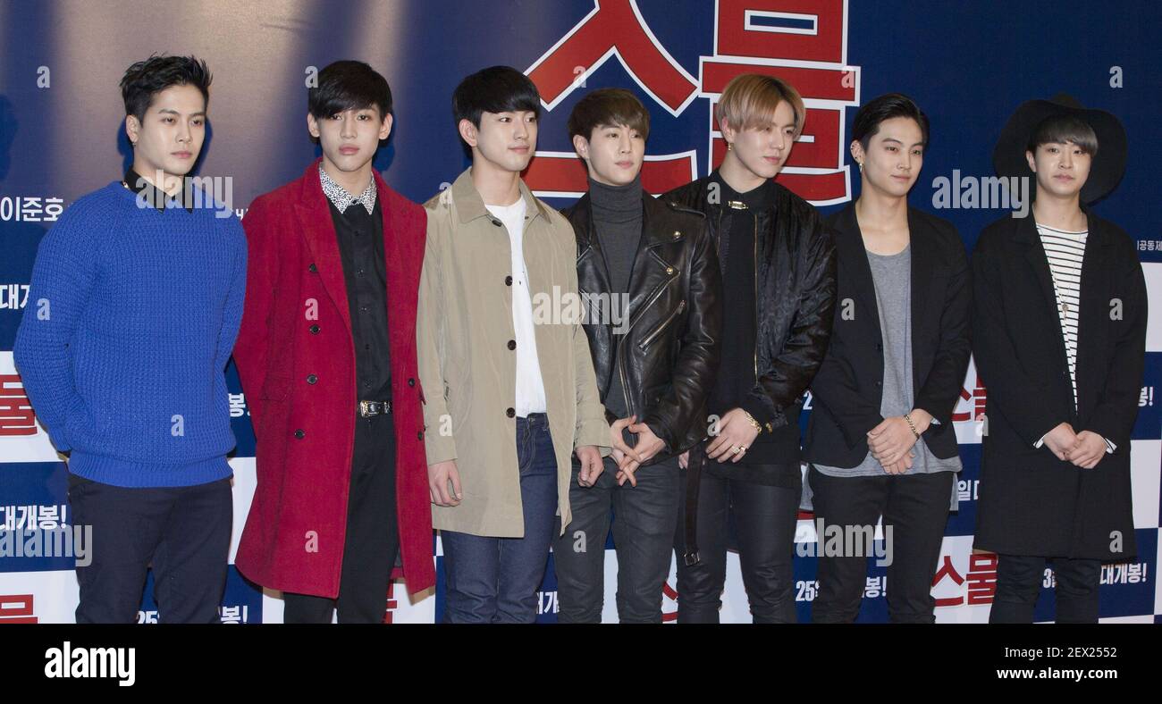 18 March 2015 - Seoul, South Korea : South Korean K-Pop boys group GOT7, attend a photo call for ...