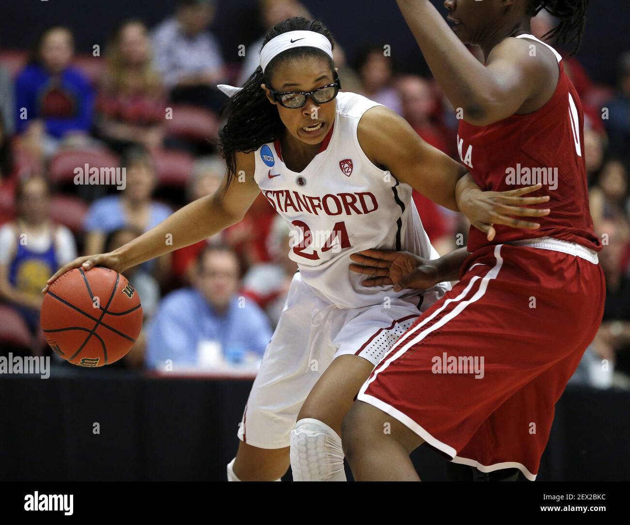 Stanford Cardinal's Erica McCall (24) dribbles against Oklahoma Sooners ...