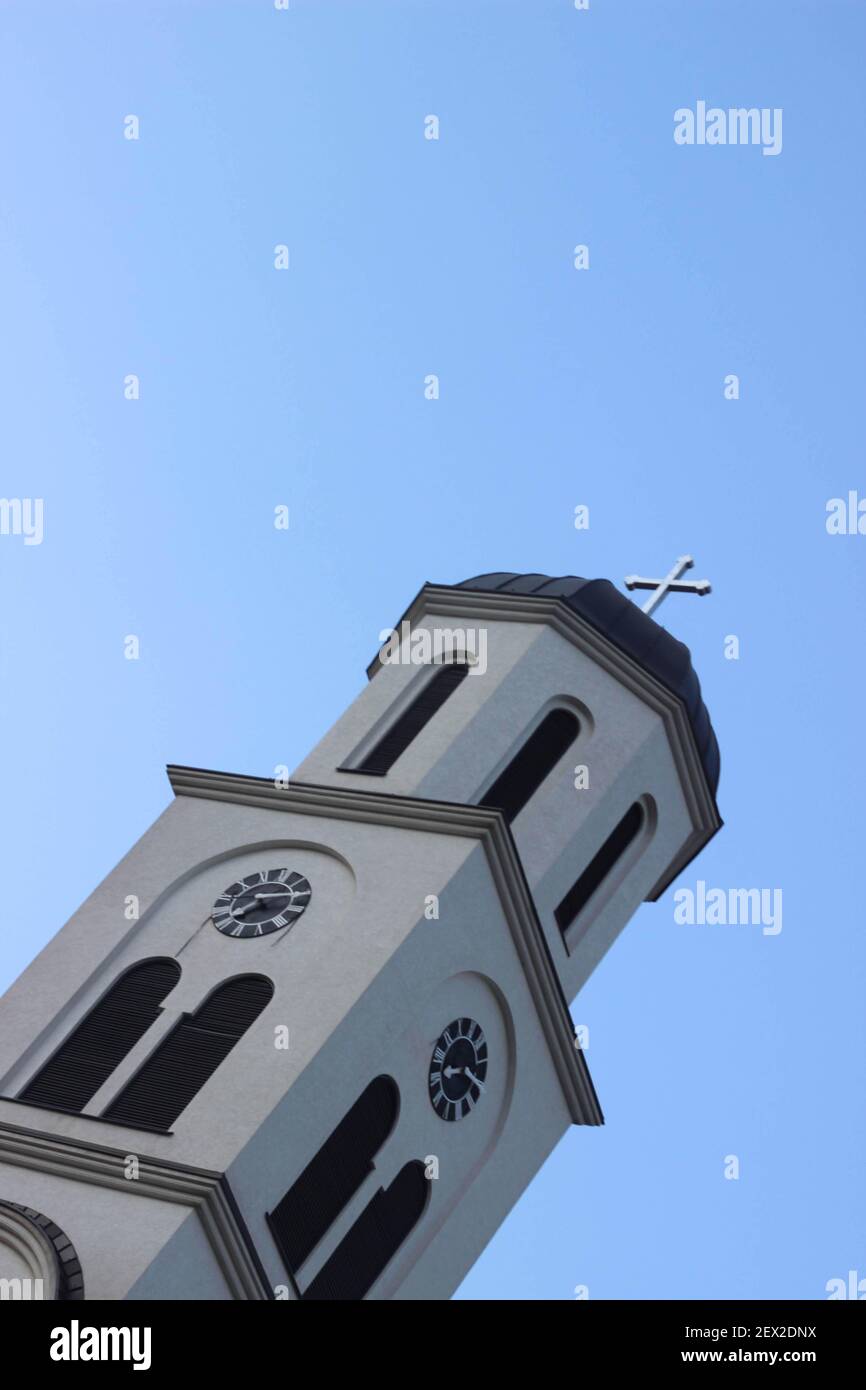 A vertical low angle shot of the top of a white Christian chapel Stock ...
