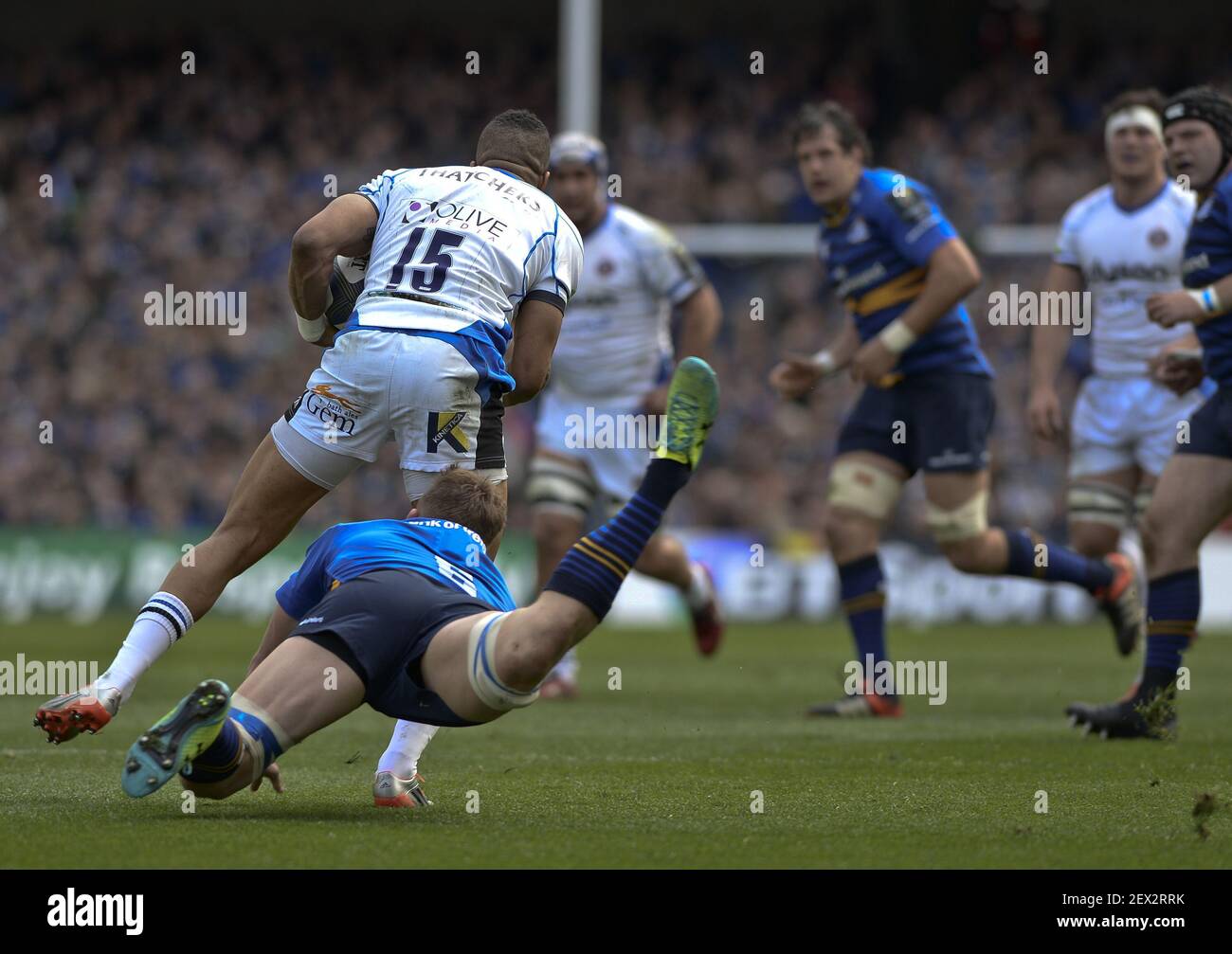 Leinster's Jordi Murphy tacles Bath's Anthony Watson (in action) during ...