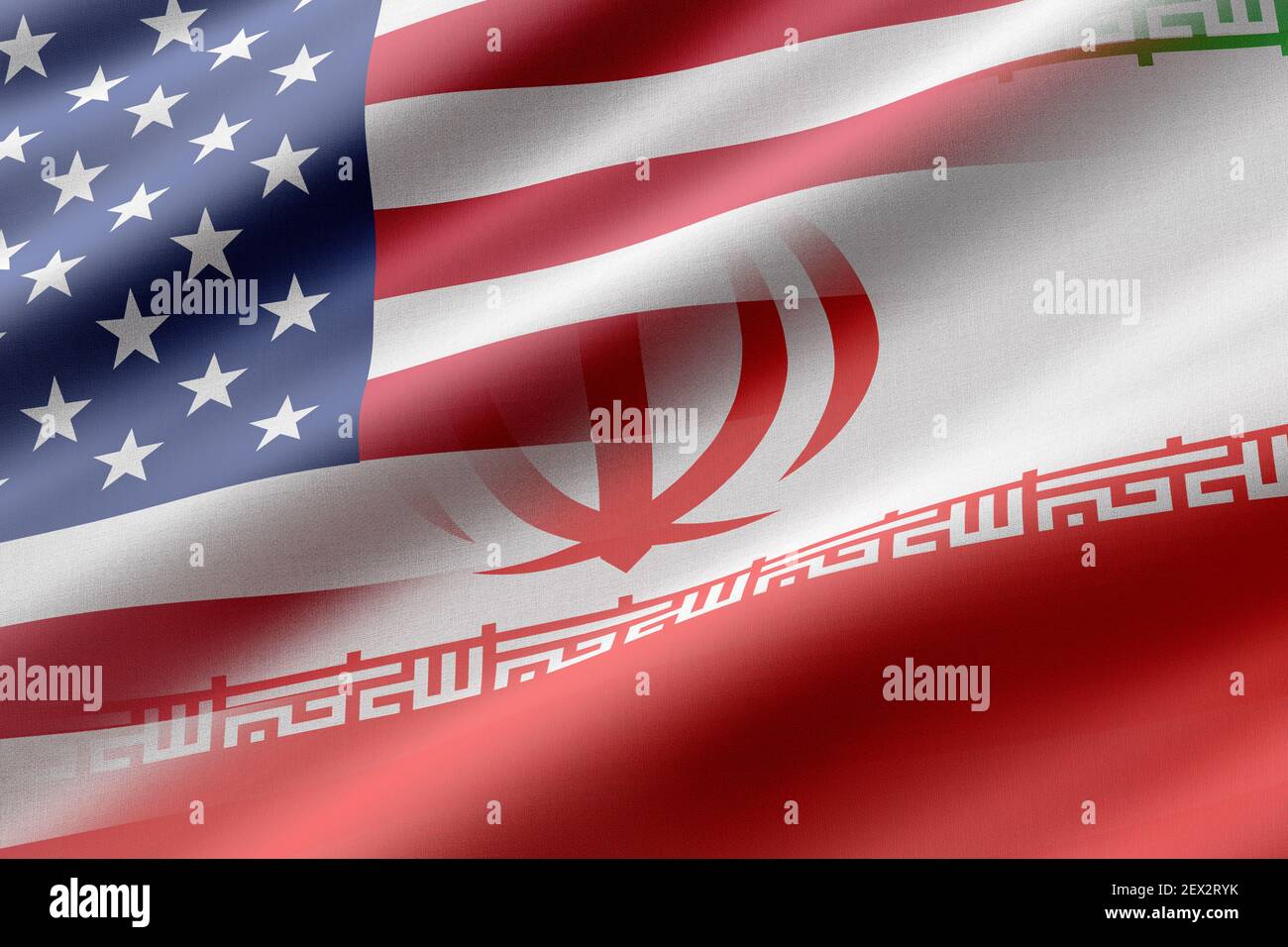 3d rendering of Iran and United states of America flags mixed. Concepts ...