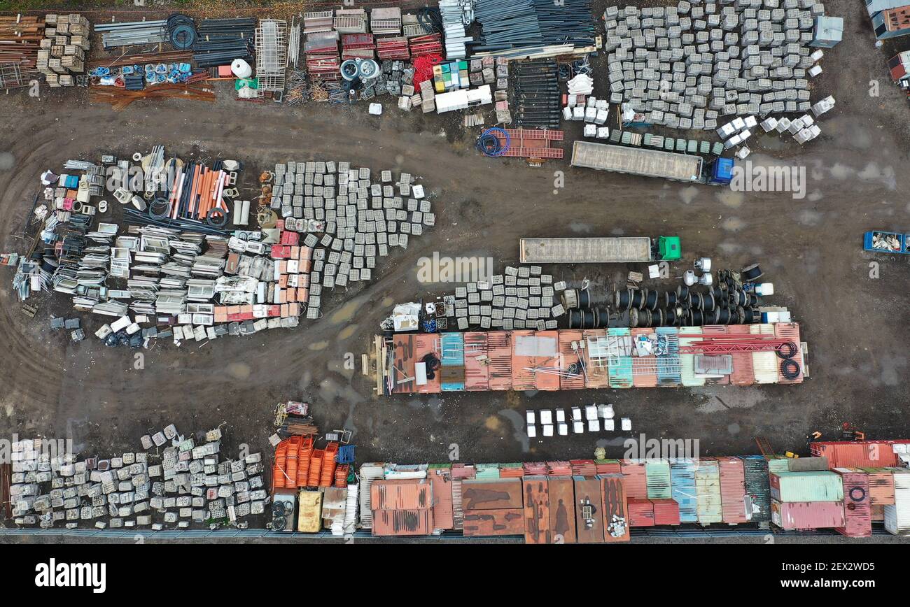 Construction wagons and materials lying on ground top view Stock Photo ...