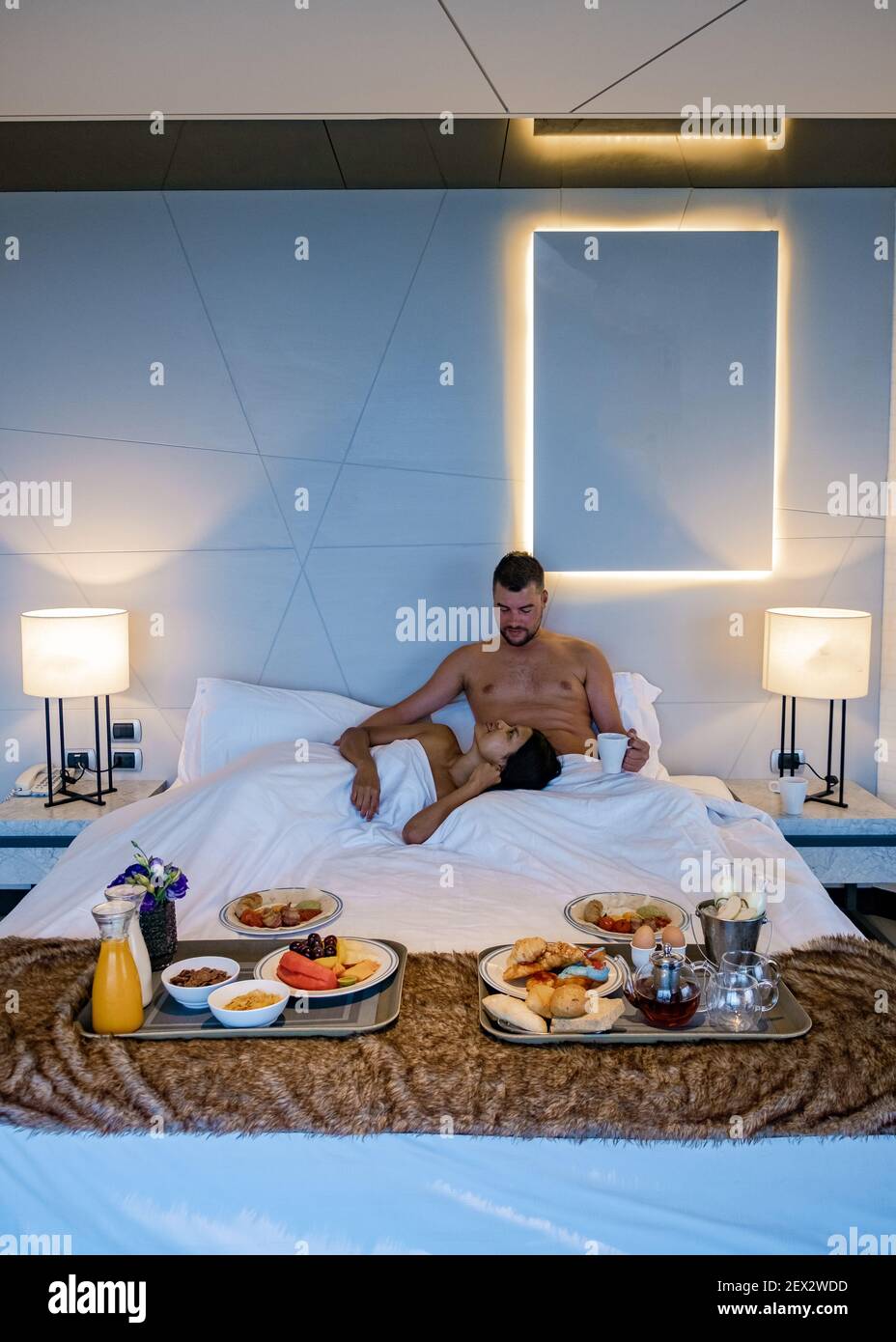 Breakfast In Bed In Room Breakfast With Coffee News And Croisant In