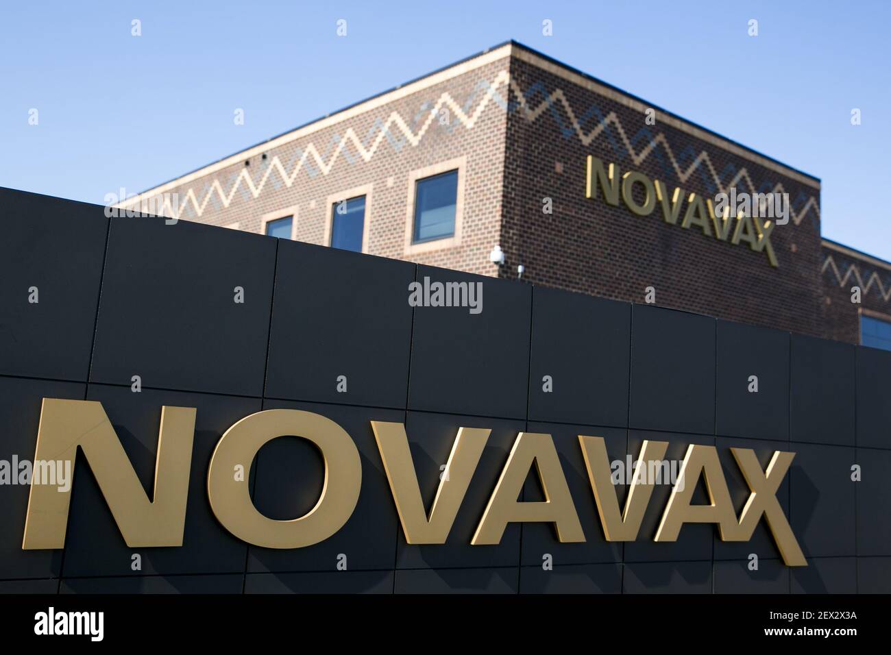 A logo sign outside a facility occupied by Novavax, in Rockville ...