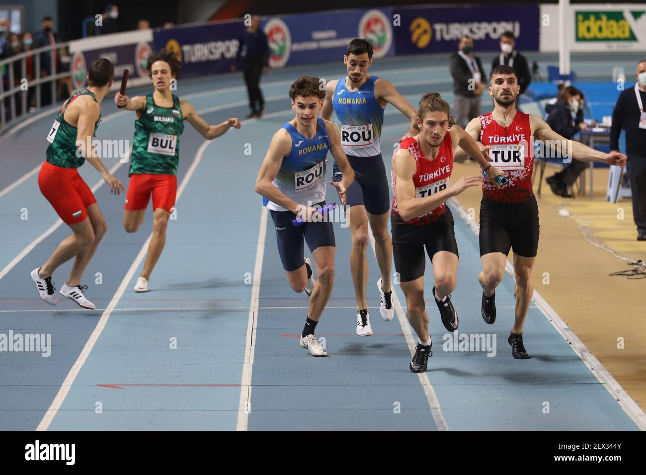 ISTANBUL, TURKEY - FEBRUARY 20, 2021: Athletes running 4x400 metres ...