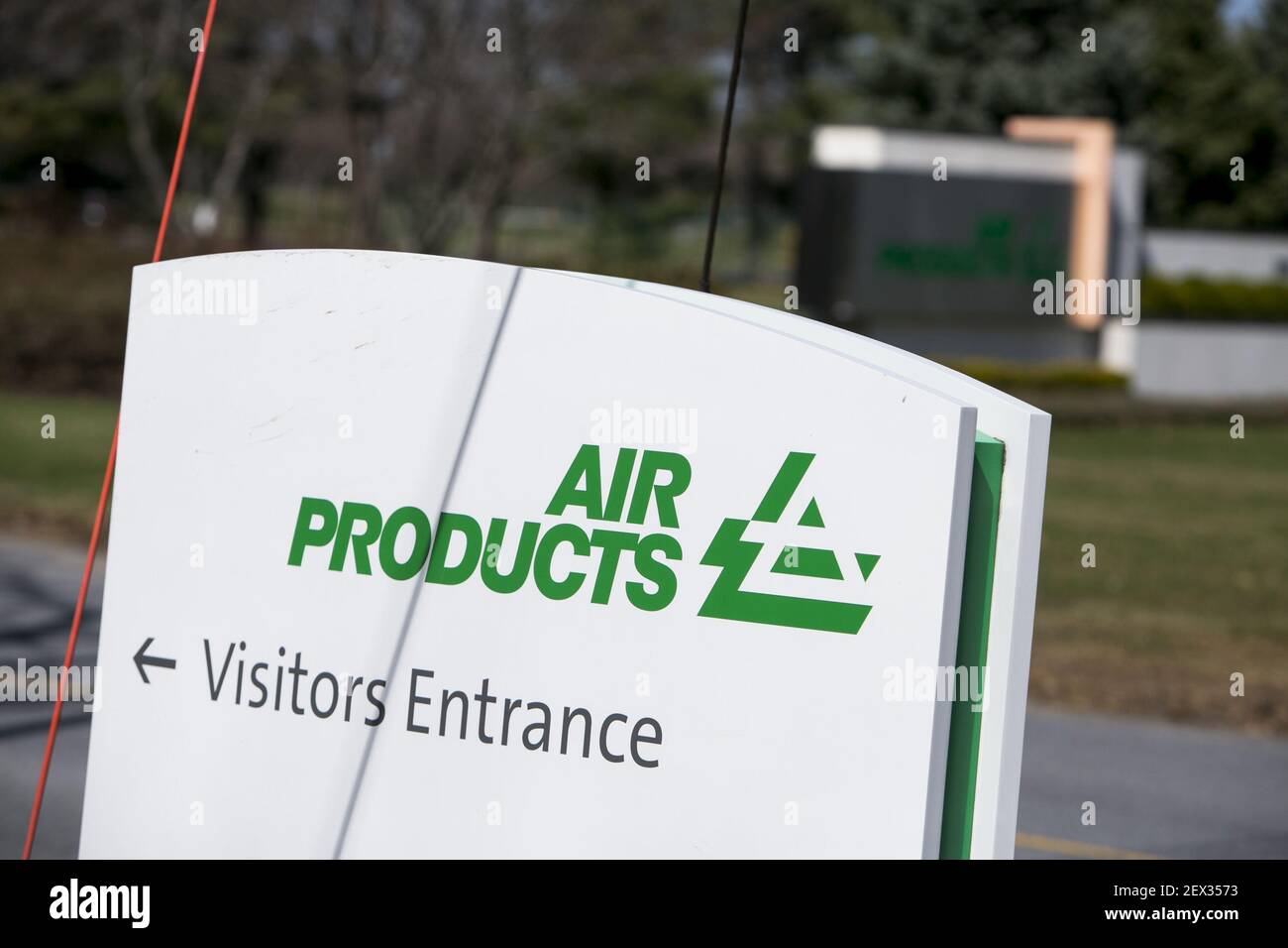 A logo sign outside of the headquarters of Air Products and Chemicals ...