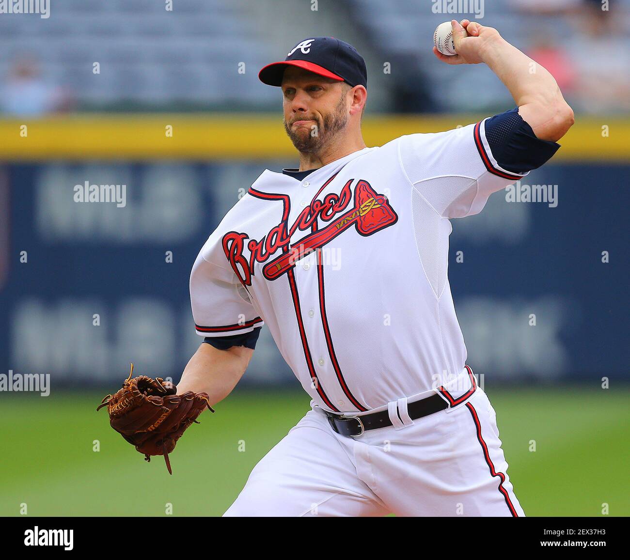 Atlanta Braves pitcher Eric Stults delivers a pitch against the Miami ...