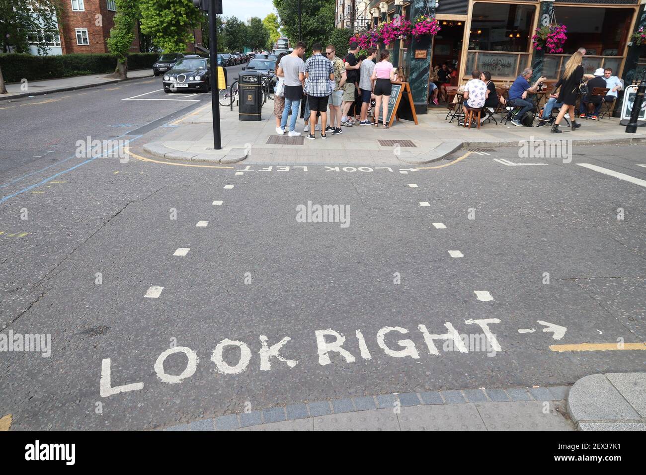 LONDON, UK - JULY 13, 2019: Look right pedestrian warning sign in ...