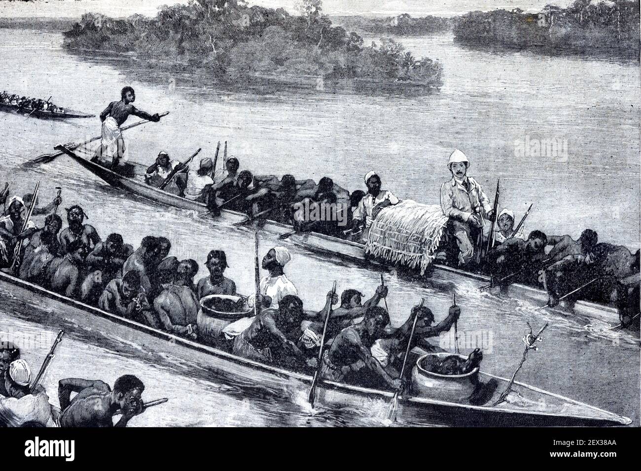 Cannibals with Pots of Human Flesh on Dugout Canoe on African River ...
