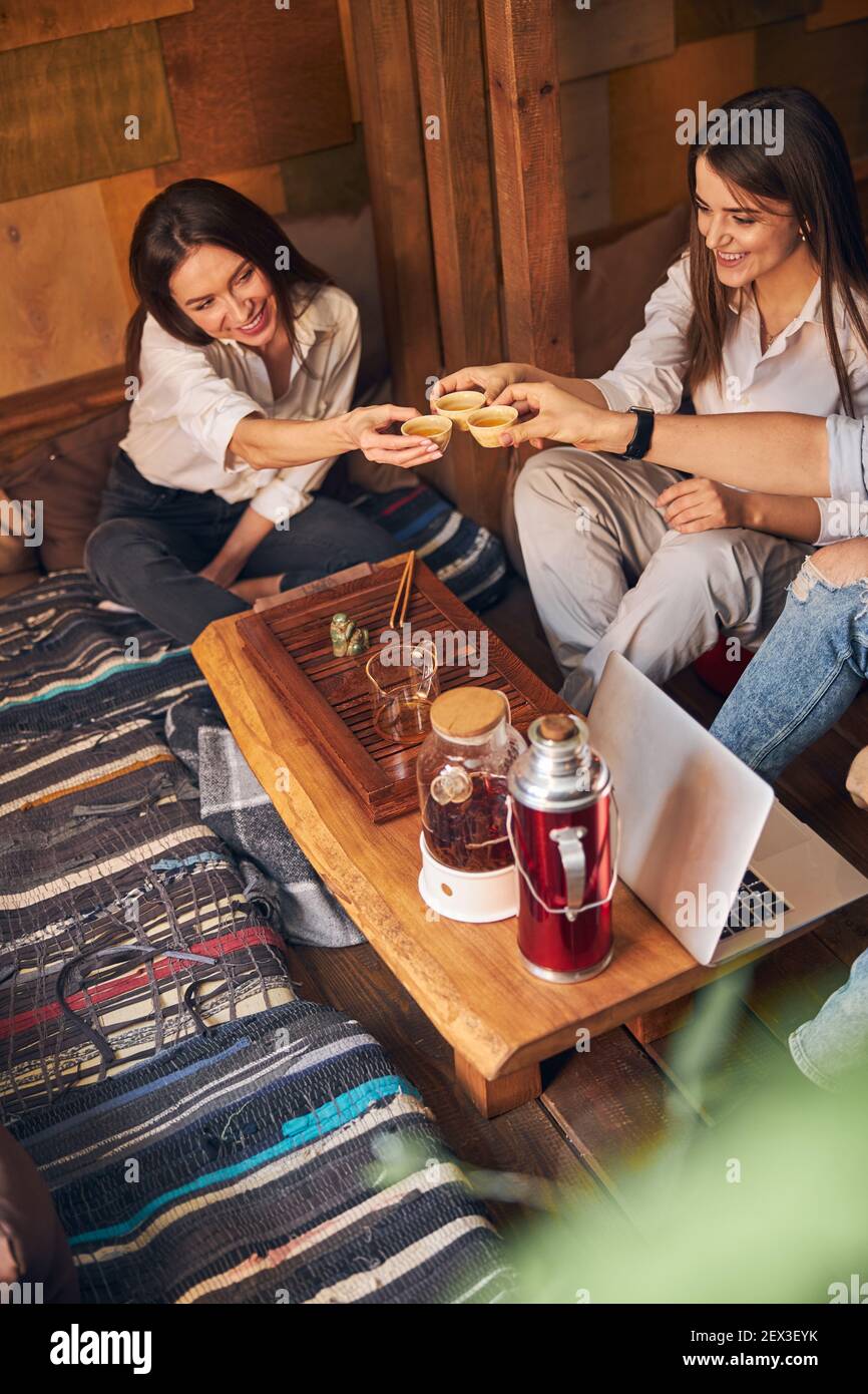 Cheerful friends clinking cups of tea in cozy cafe Stock Photo - Alamy