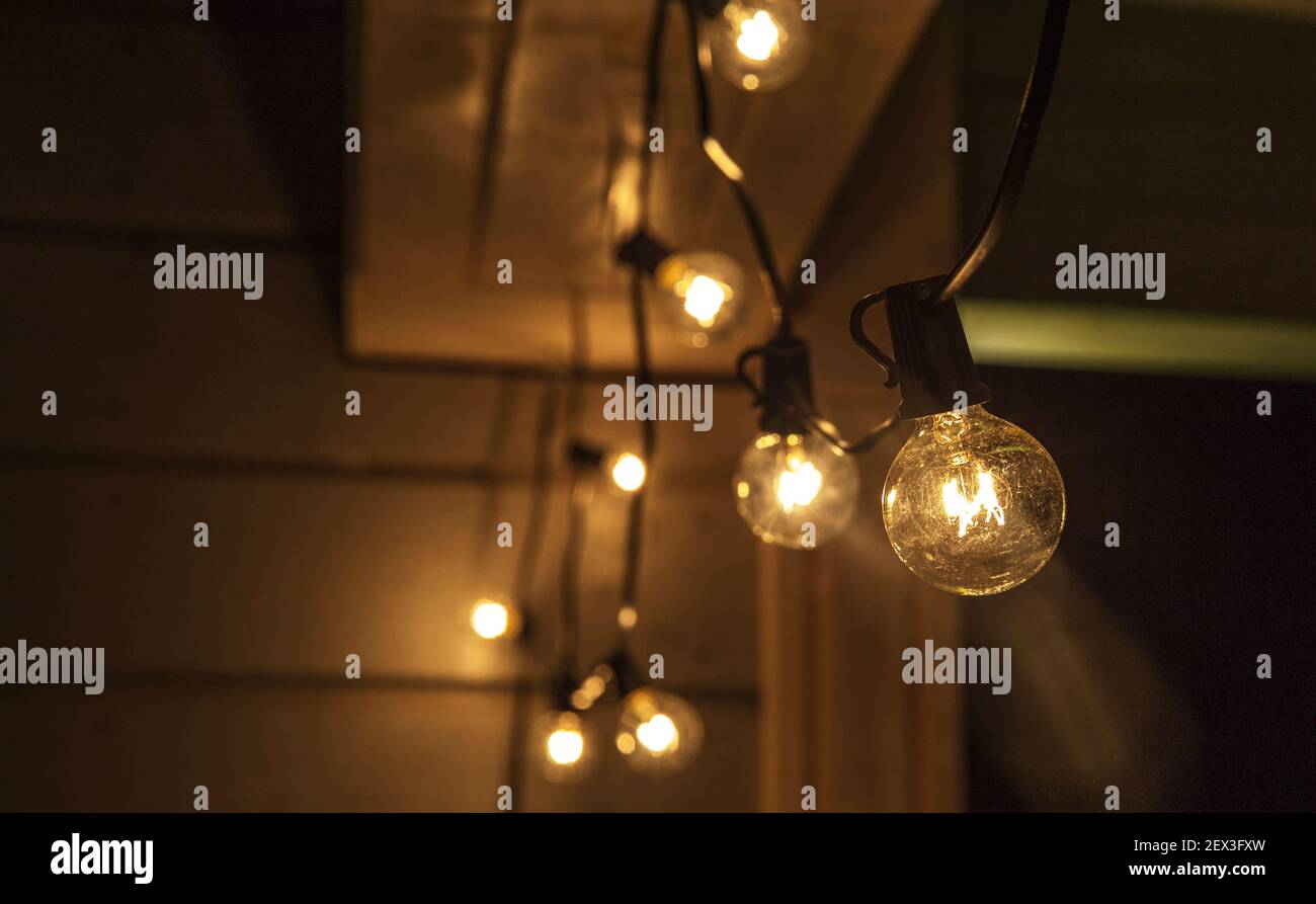 Decorative outdoor string lights hanging on tree in the garden at night ...