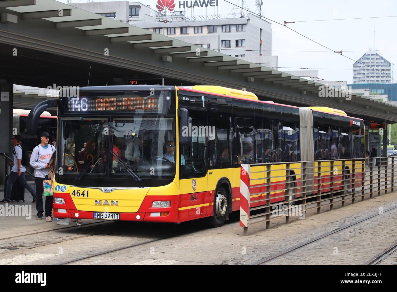 WROCLAW, POLAND - MAY 11, 2018: People board public transportation city ...