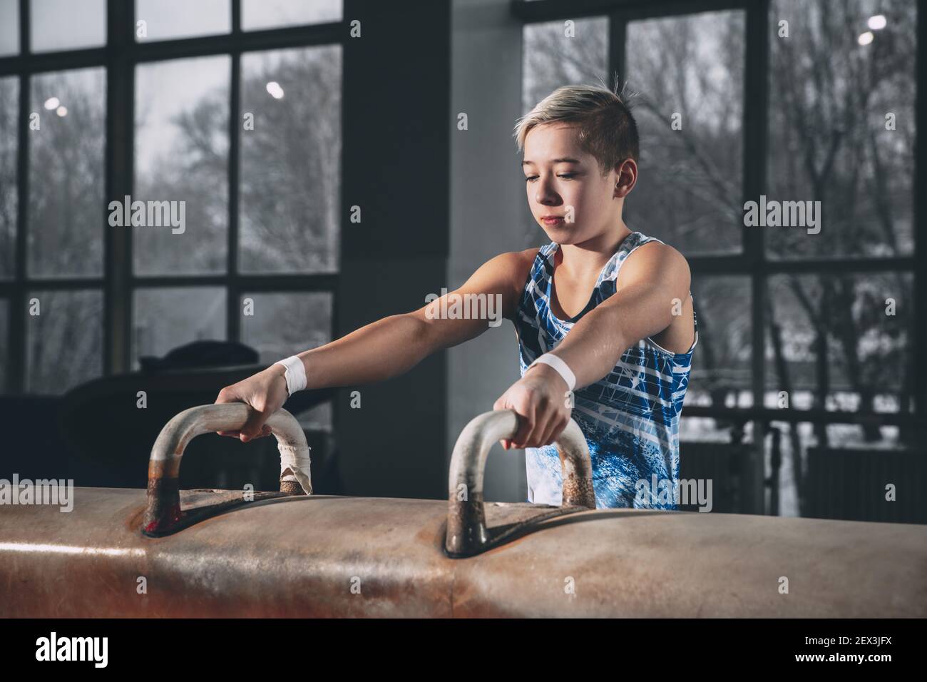 Strong. Little male gymnast training in gym, composed and active ...