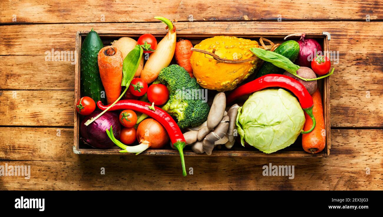 Big set of fresh vegetables on wooden background.Healthy eating concept ...