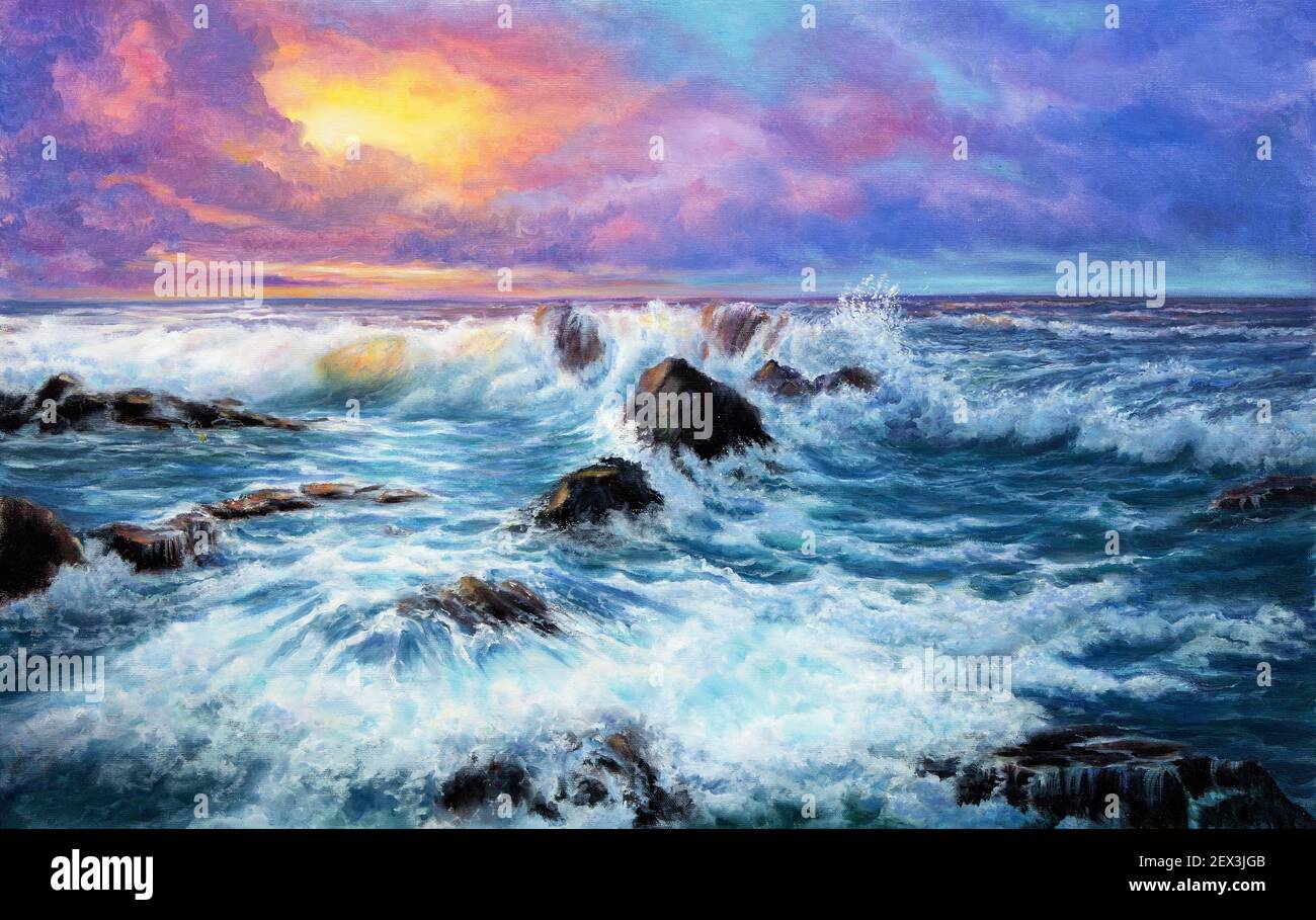 Original oil painting of beautiful purple sunset over ocean beach with cliffs on canvas.Modern ...