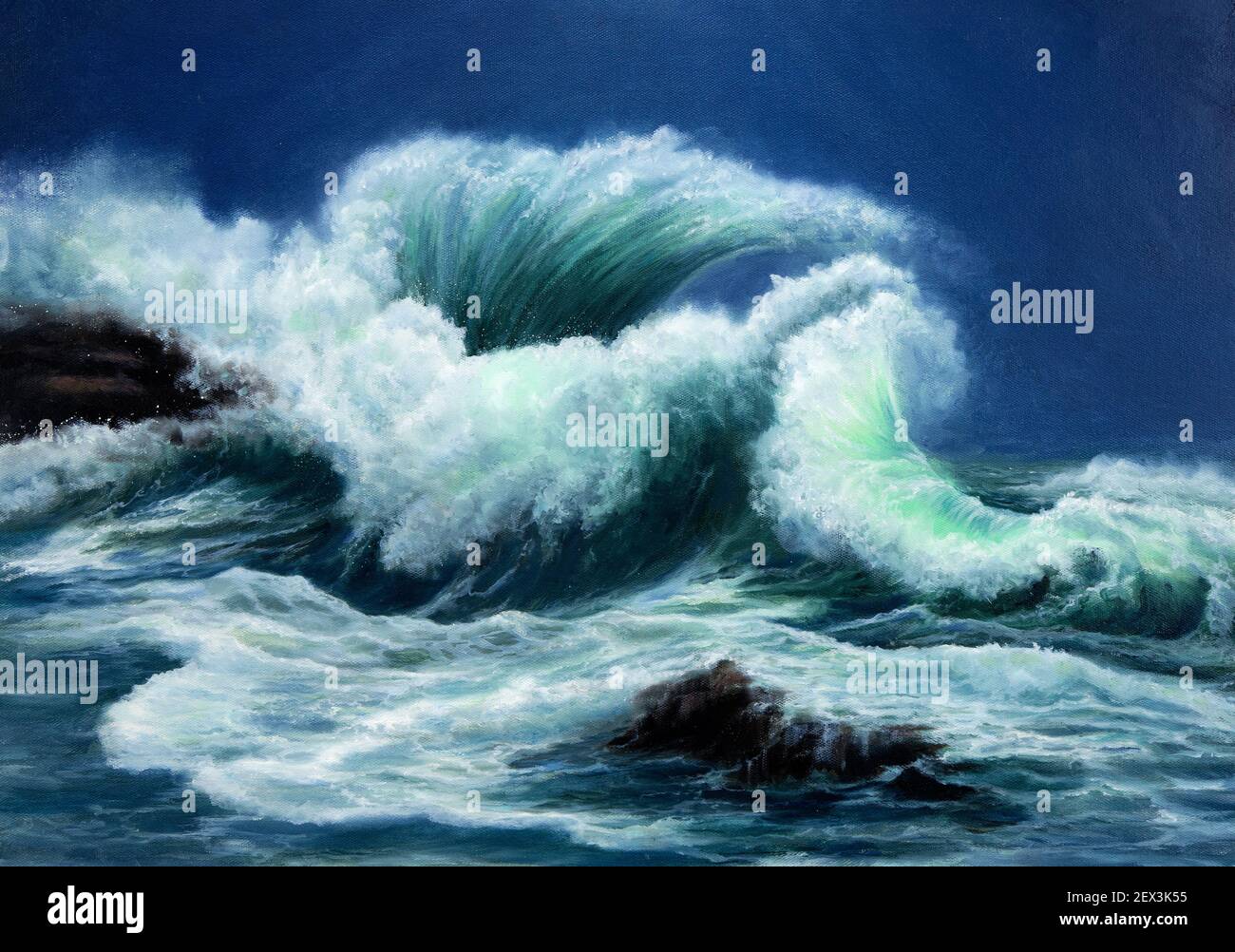 Original oil painting showing waves in ocean or sea on canvas. Modern ...