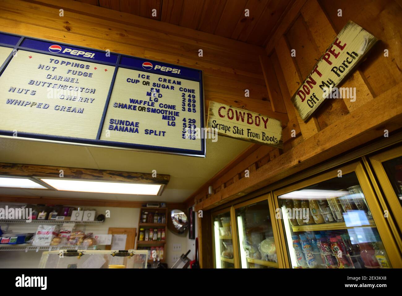 Signage inside the Daniel Junction Foodmart near Daniel, Wyo., on April ...