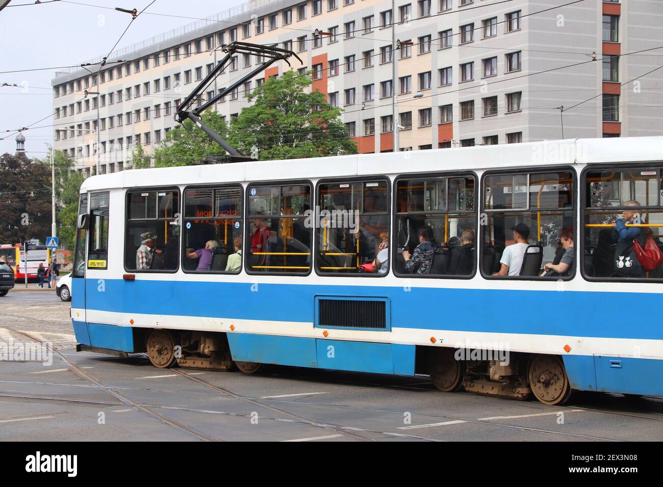 WROCLAW, POLAND - MAY 11, 2018: People ride public transportation city ...