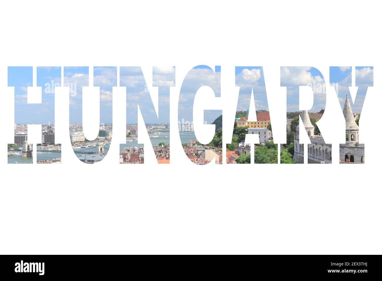 Hungary word - country name with background travel postcard photo Stock ...
