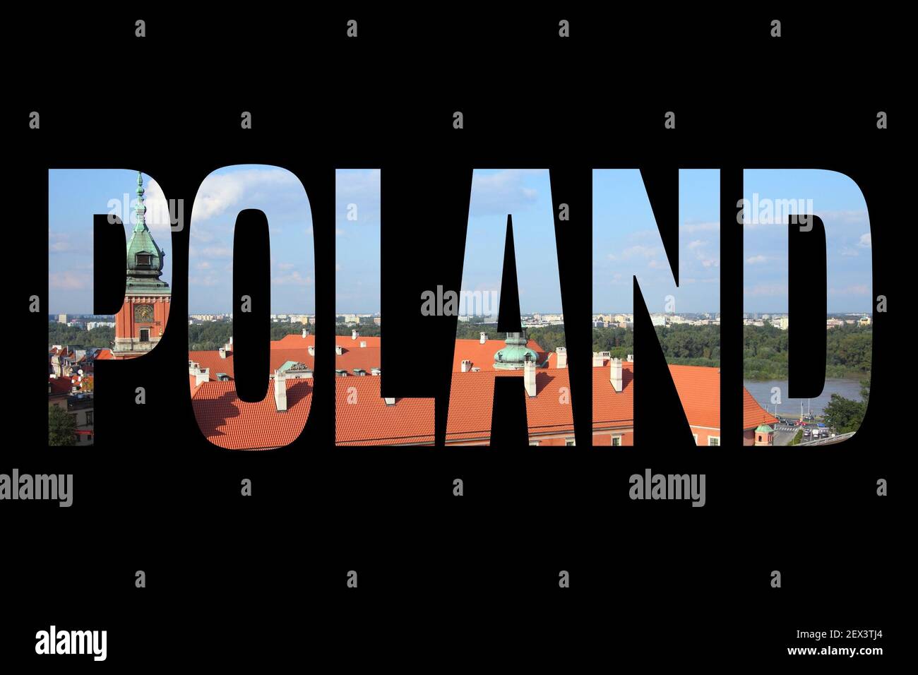 Poland country name word - isolated text sign with Warsaw photo ...