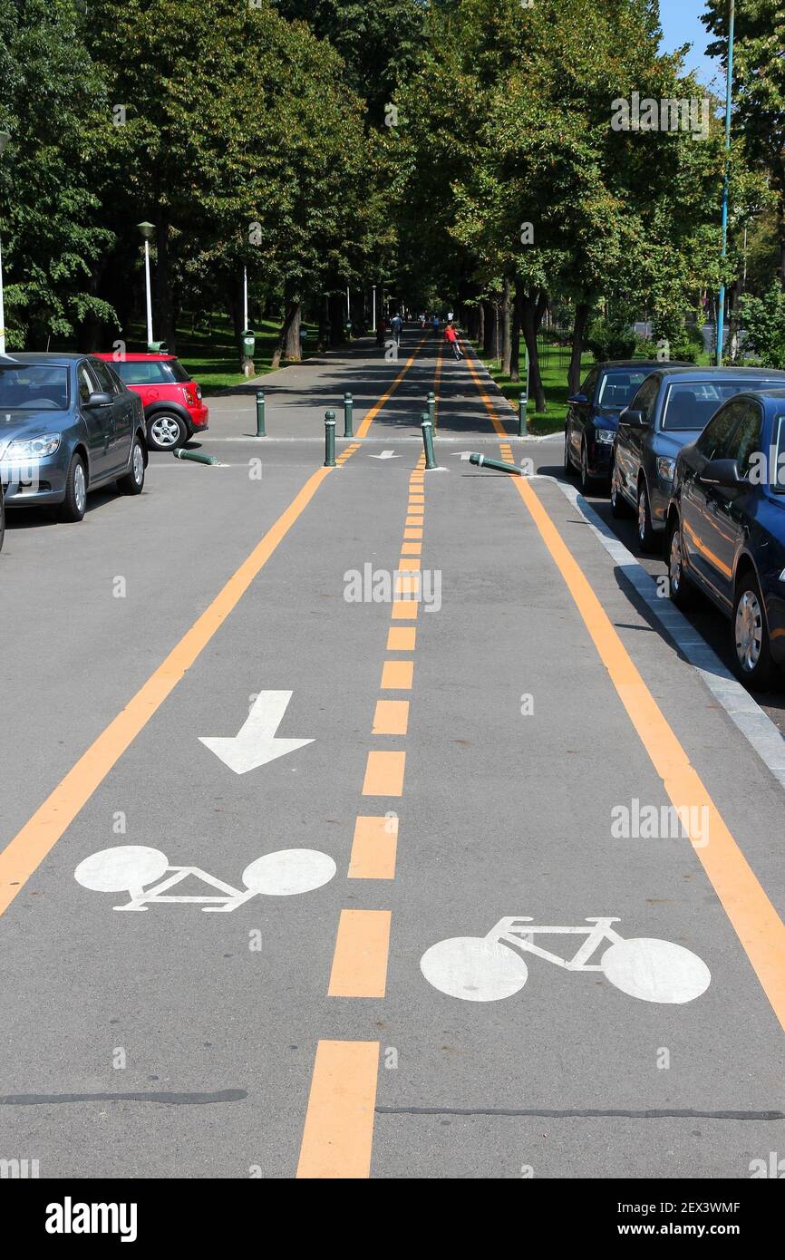Bicycle path in Bucharest, Romania. Cycling infrastructure Stock Photo ...